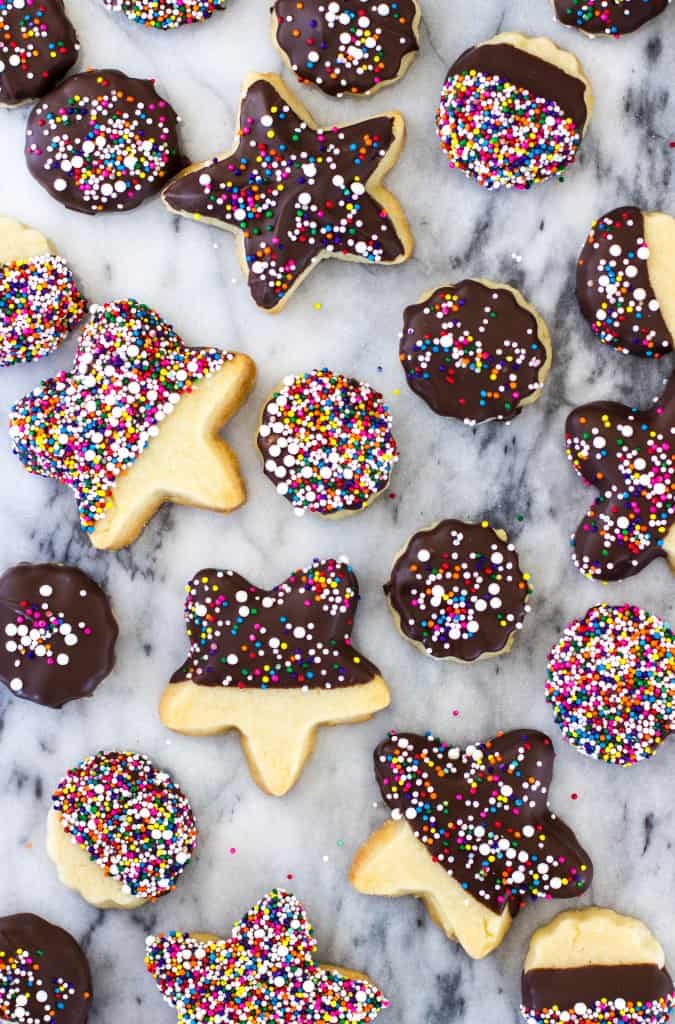 Chocolate Covered Sprinkle Cookies - Sugar Spun Run
